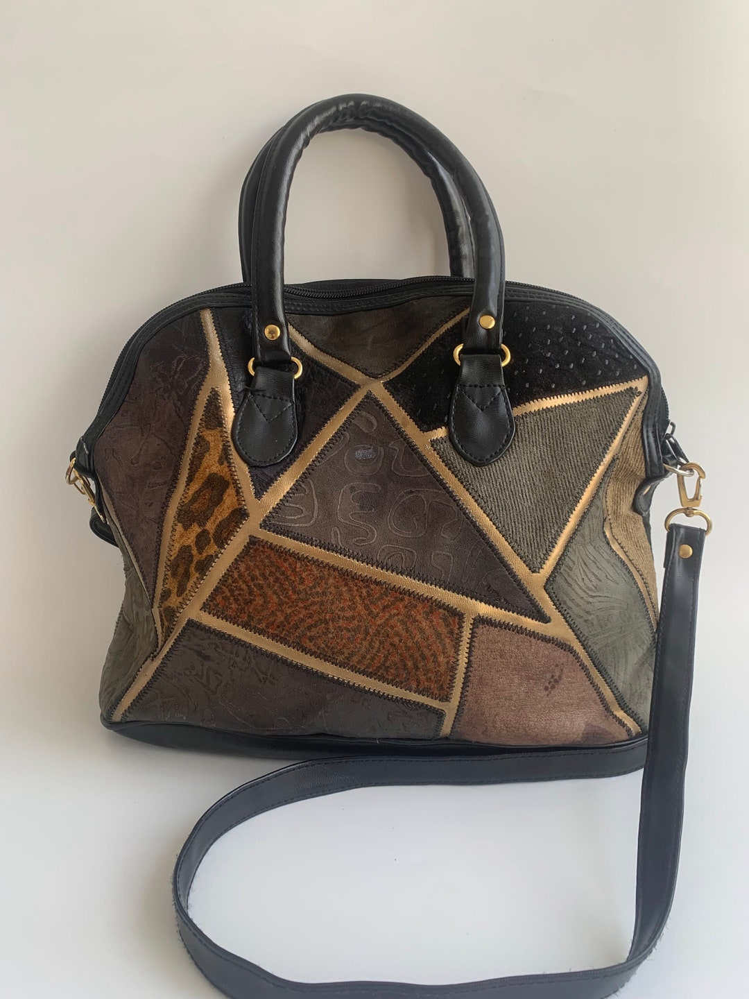 Vintage Gold Brown Patchwork Leather Handbag With Zipper, Medium Size ...