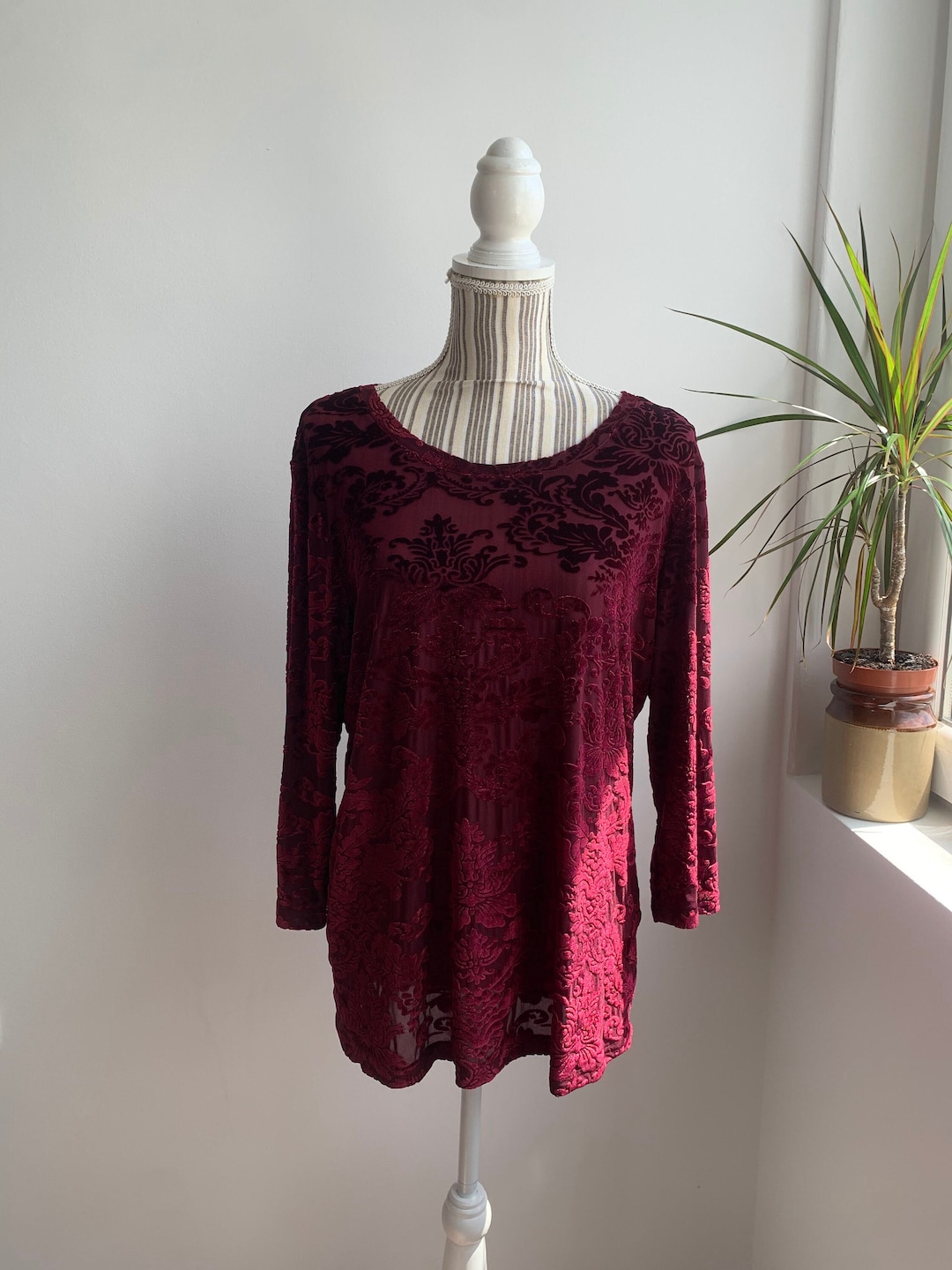 Vintage Burgundy Red Velvet Blouse for Women Size XL, Plus Size ...