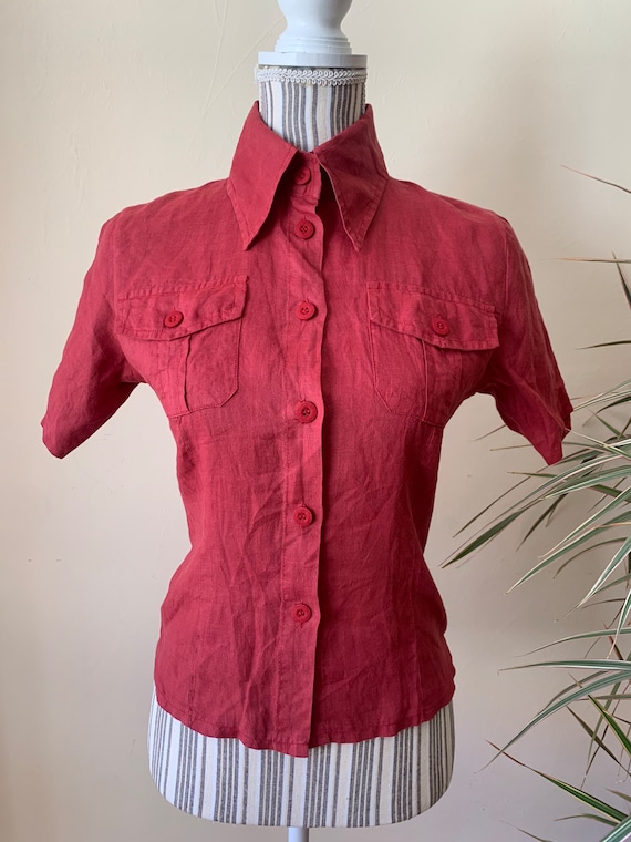 Red Button Down Short Sleeve Linen Shirt for Women, V… - Gem
