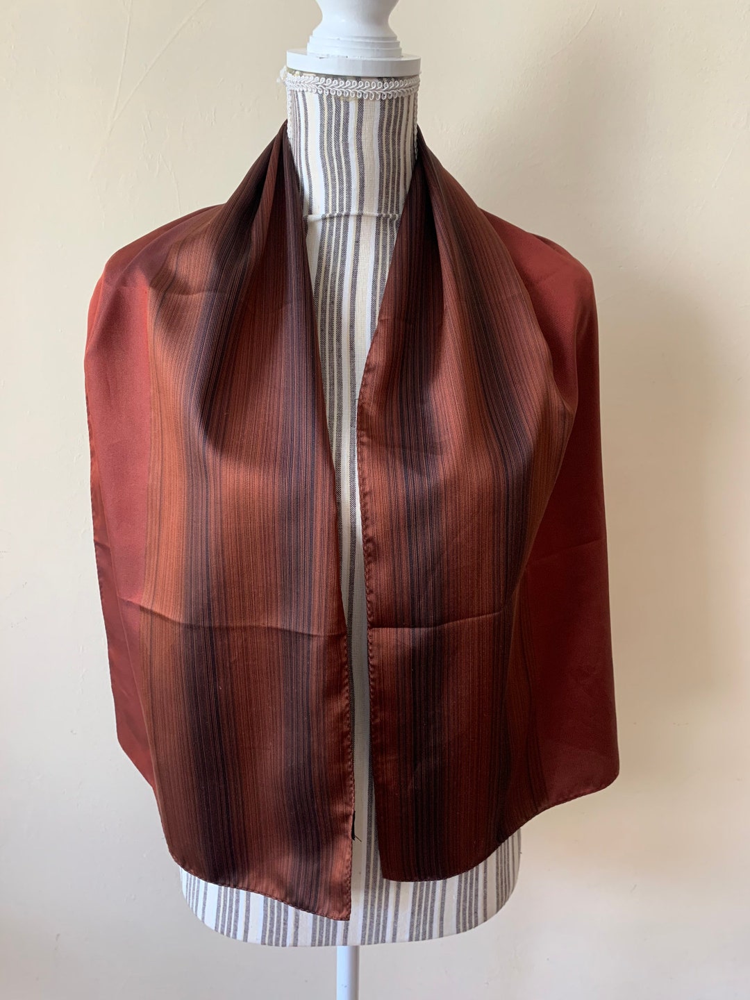 Vintage Y2K Striped Pure Silk Scarf, Burnt Orange Silk Scarf With Fine ...