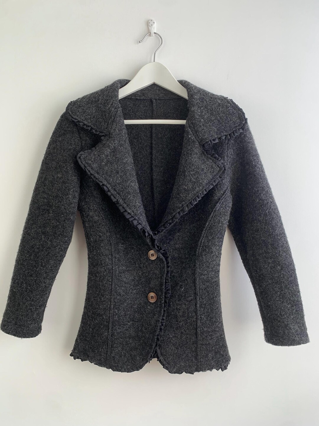 Vintage Grey Wool Blazer for Women Size XS, Ruffled Collar Deep V Neck ...