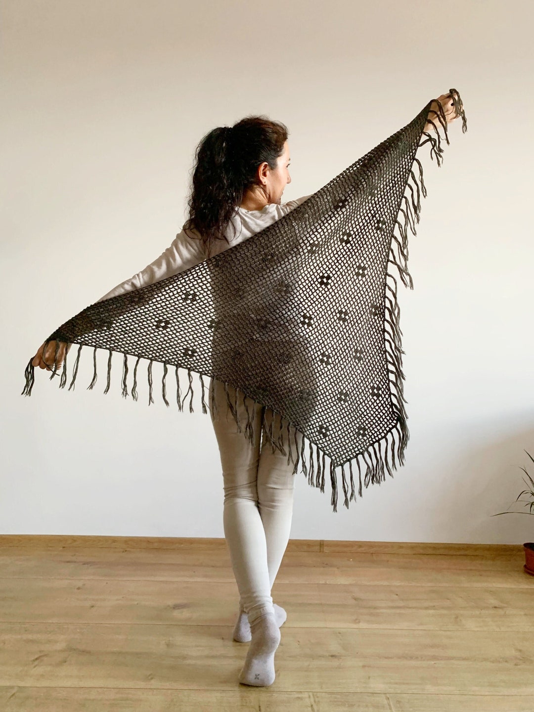Dark Olive Green Shawl Wrap, Filet Crochet Wool Shawl, Mesh Fishnet ...