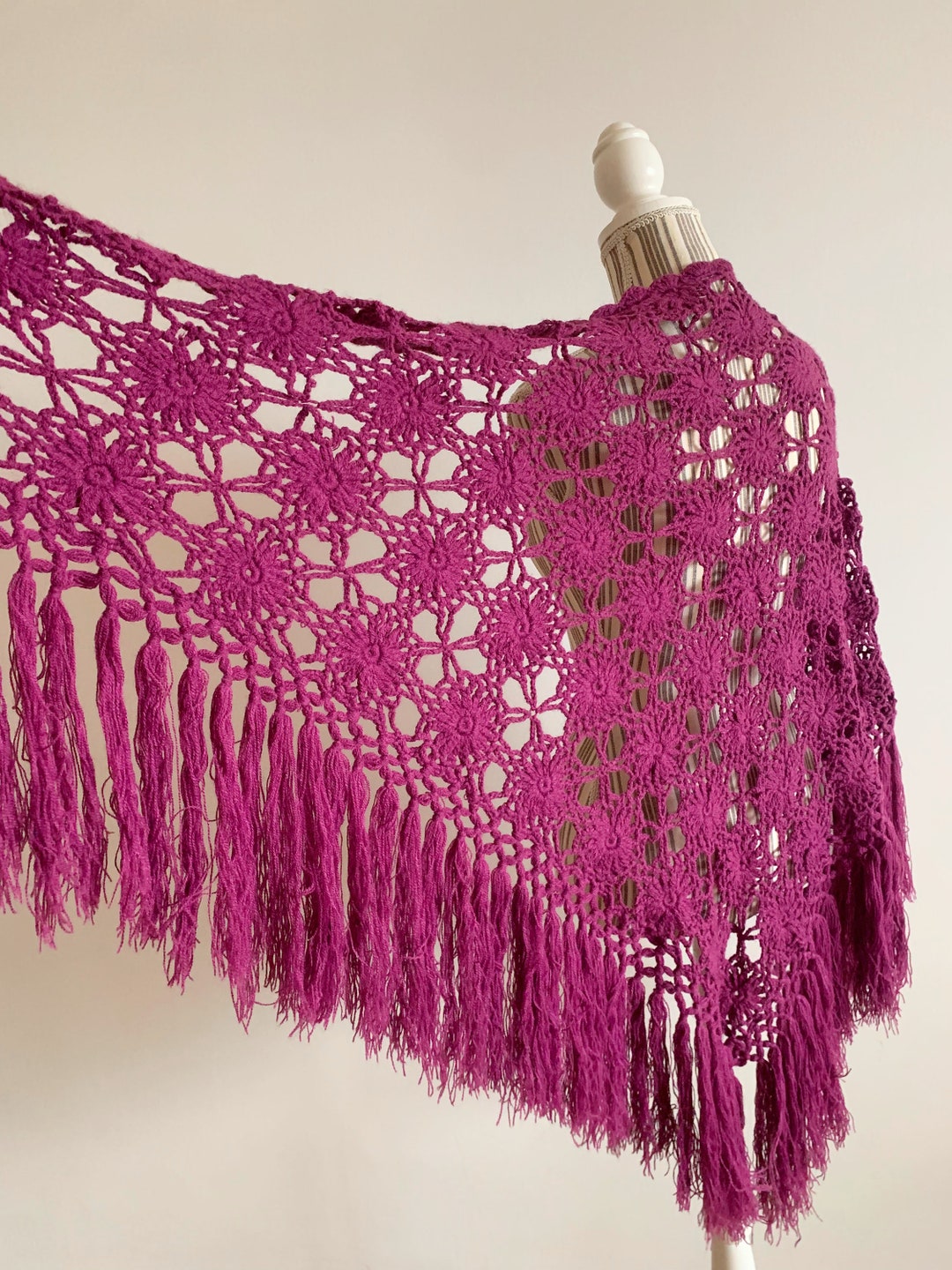 Vintage Purple Crochet Shawl With Tassels, Bohemian Fringed Shawl ...
