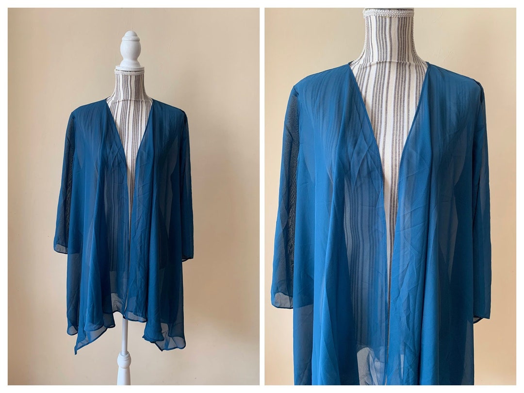 Vintage Turquoise Blue Sheer Robe, Plus Size Open Front Lightweight ...