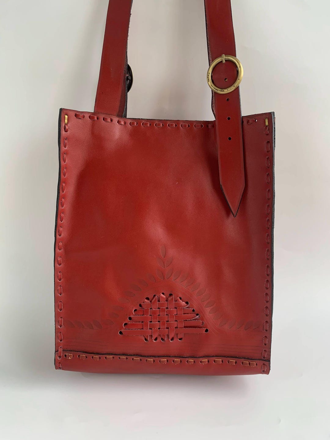 Vintage 70s 80s Tooled Leather Tote Purse, Brick Red Leather Handbag ...
