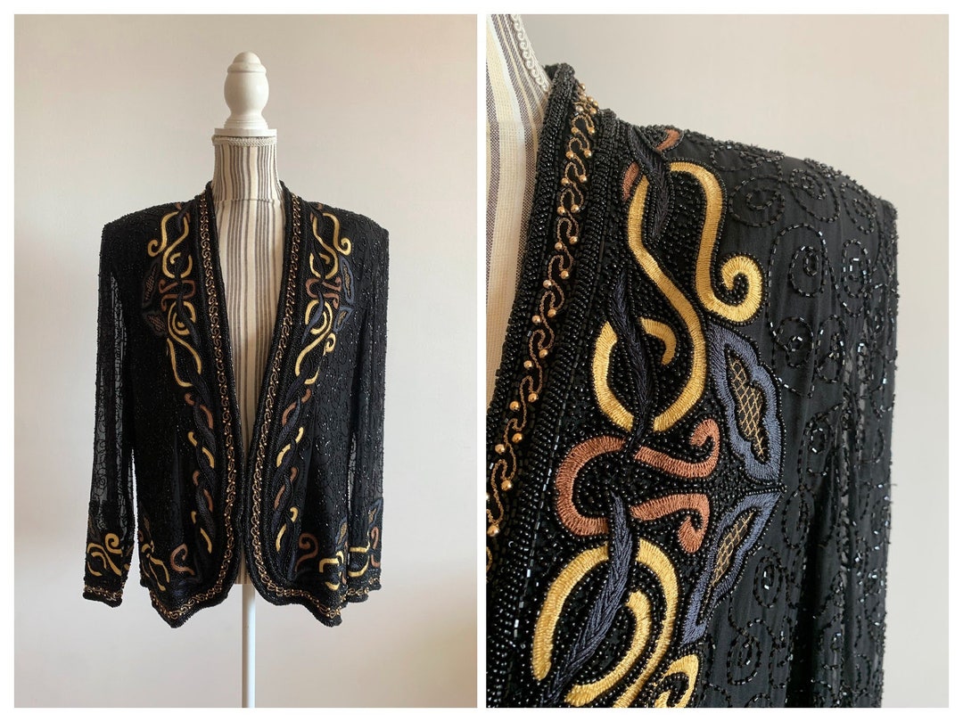 Vintage Heavy Beadwork Blazer, Pure Silk Black Beaded Jacket, Floral ...