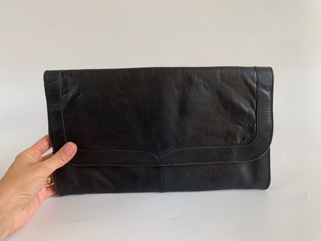 Black Leather Clutch Purse, Vintage 80s Envelope Purse, Medium Size ...