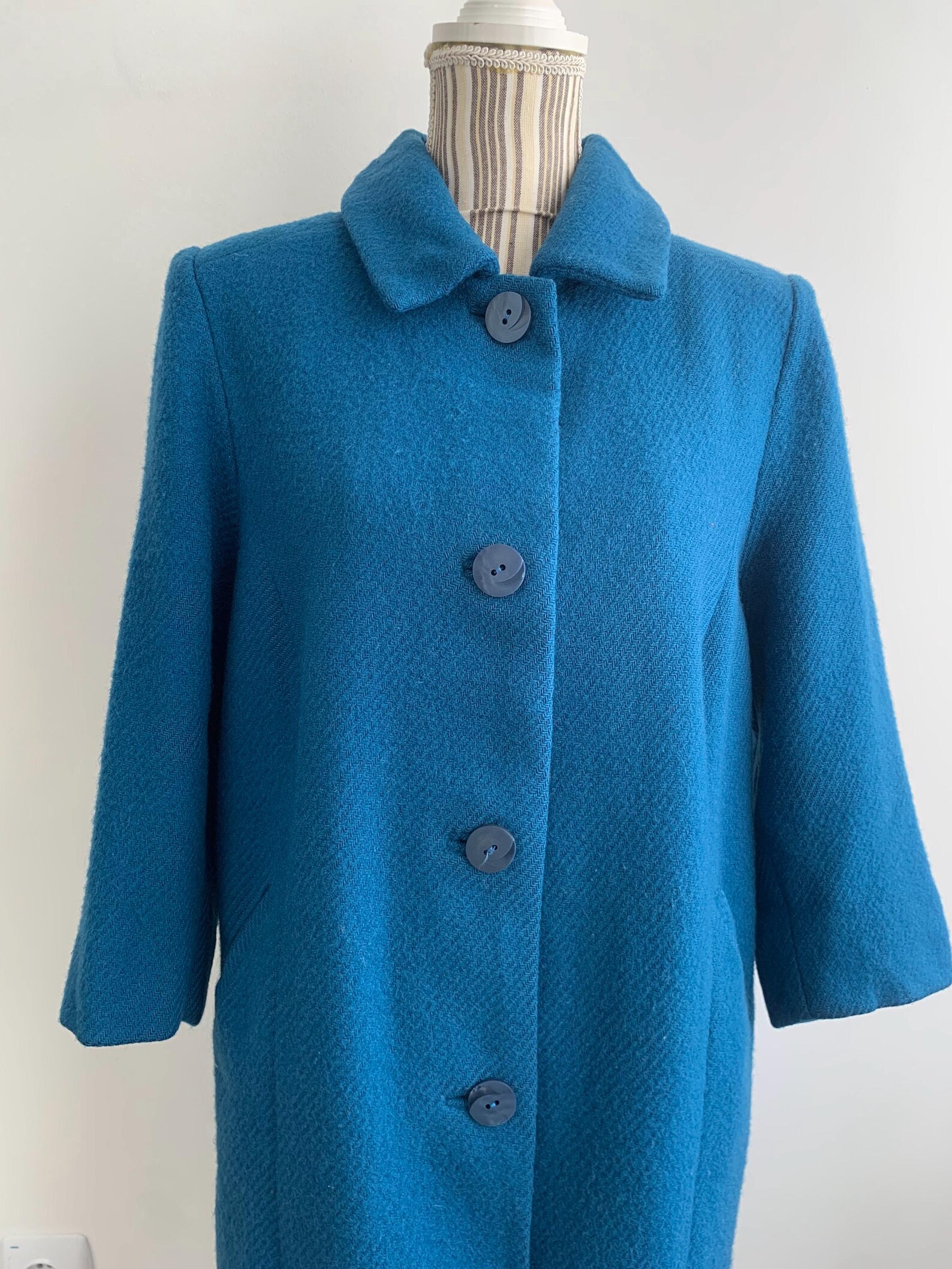 Vintage 60s 70s Turquoise Blue Wool Coat Size S M, Collared Woollen ...