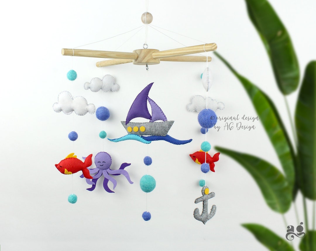 Nautical Sailboat Crib Mobile, Boat Fish Octopus Clouds Cot Hanging ...