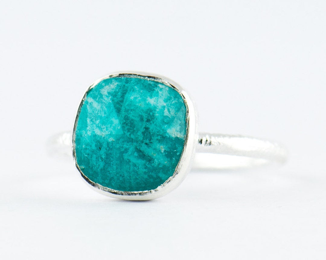 Amazonite Cushion Cut Gemstone Bezel Silver Stacking Ring Handmade in ...