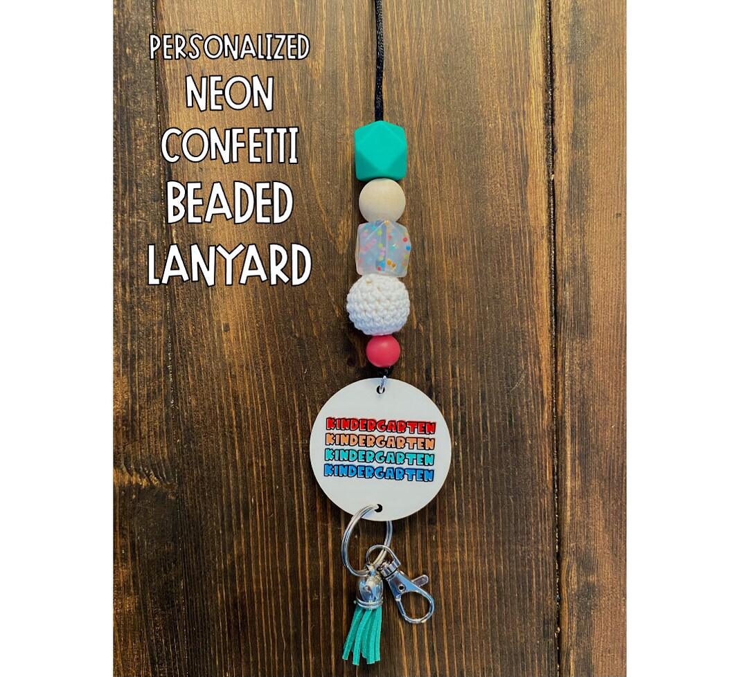 Personalized Neon Confetti Grade Level Beaded Lanyard With Breakaway ...