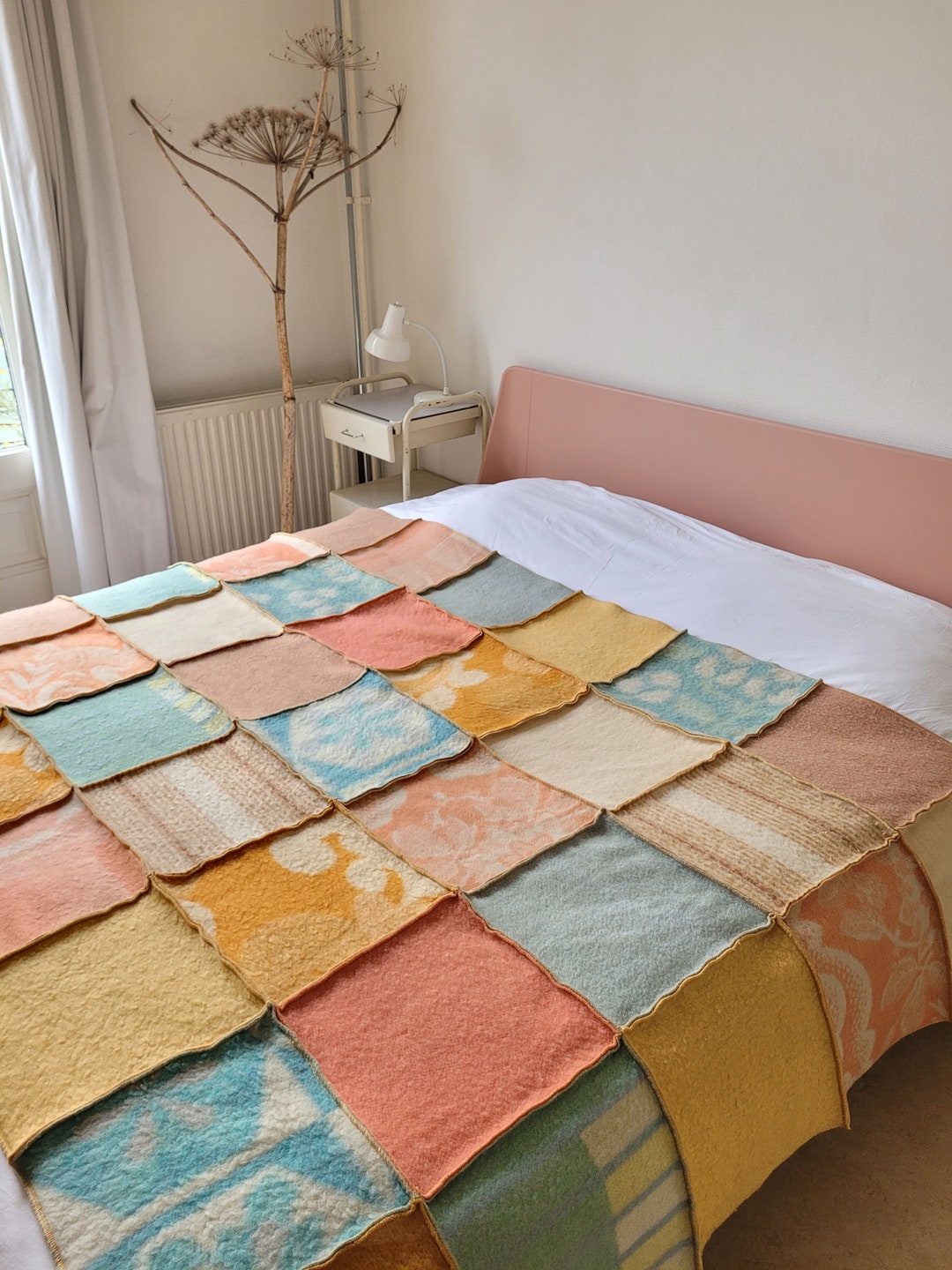 Patchwork Throw, Vintage Bedspread / Patchwork Wool Blanket Made of ...
