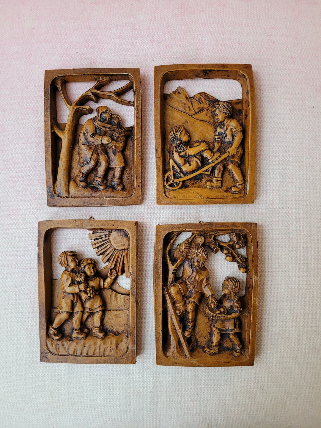 Set of 4 Vintage 60s Wall Panels, Hummel Style Pottery, Tryptic Wall ...