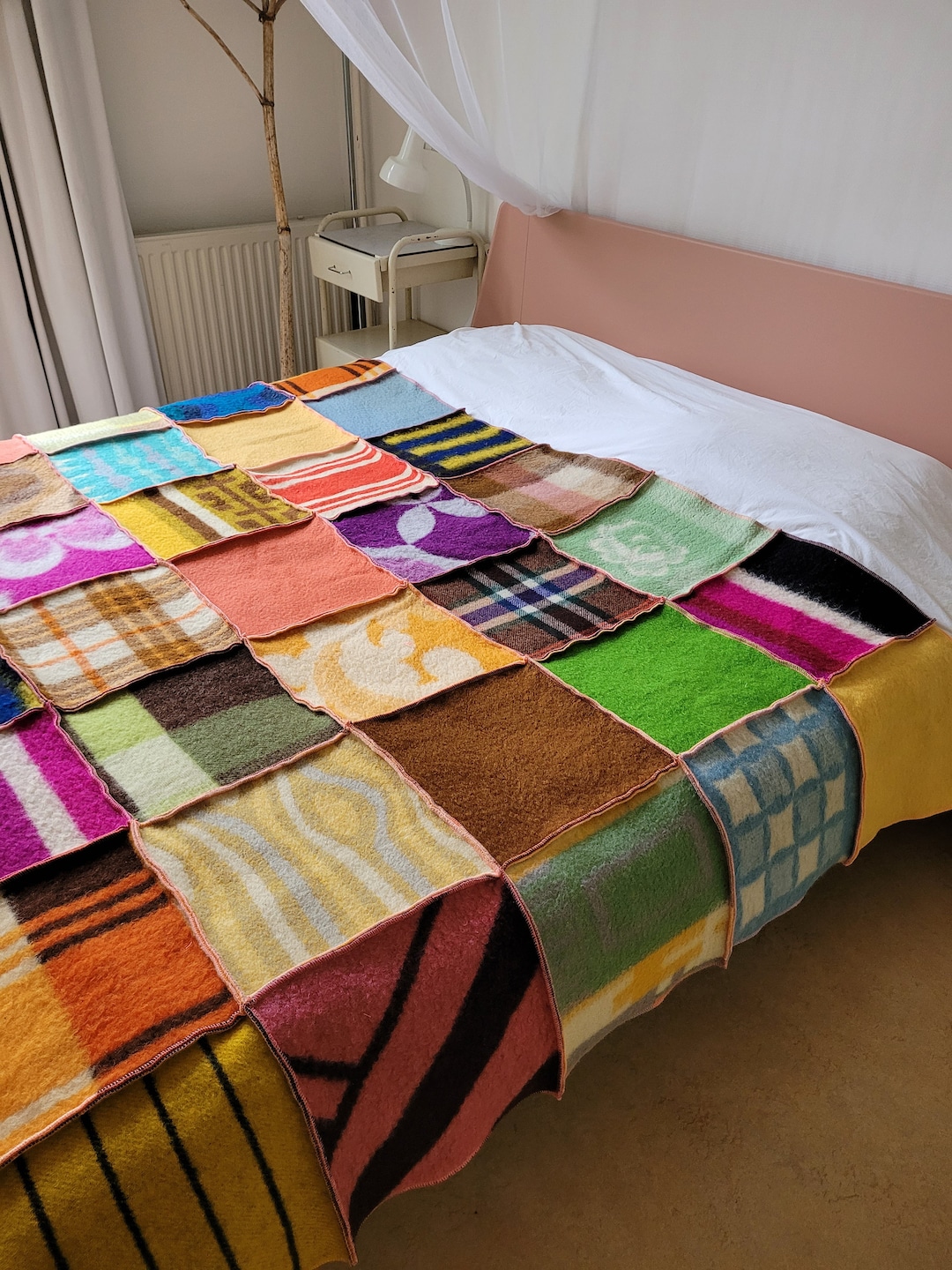Patchwork Throw, Vintage Bedspread / Patchwork Wool Blanket Made of ...