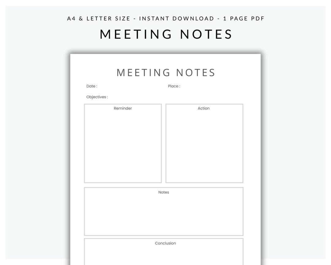 Meeting Notes Printable, Business Note Taking Template, Work Project ...