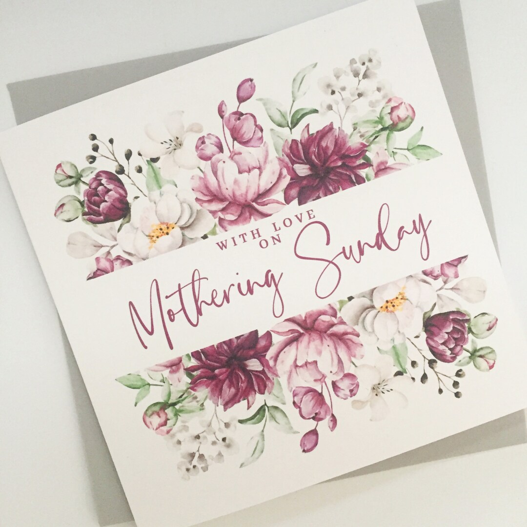 Happy Mothering Sunday Card With Purple Peony Watercolour Flowers ...