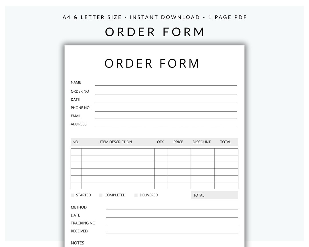Fillable Order Form Template, Printable Purchase Order Form, Blank ...