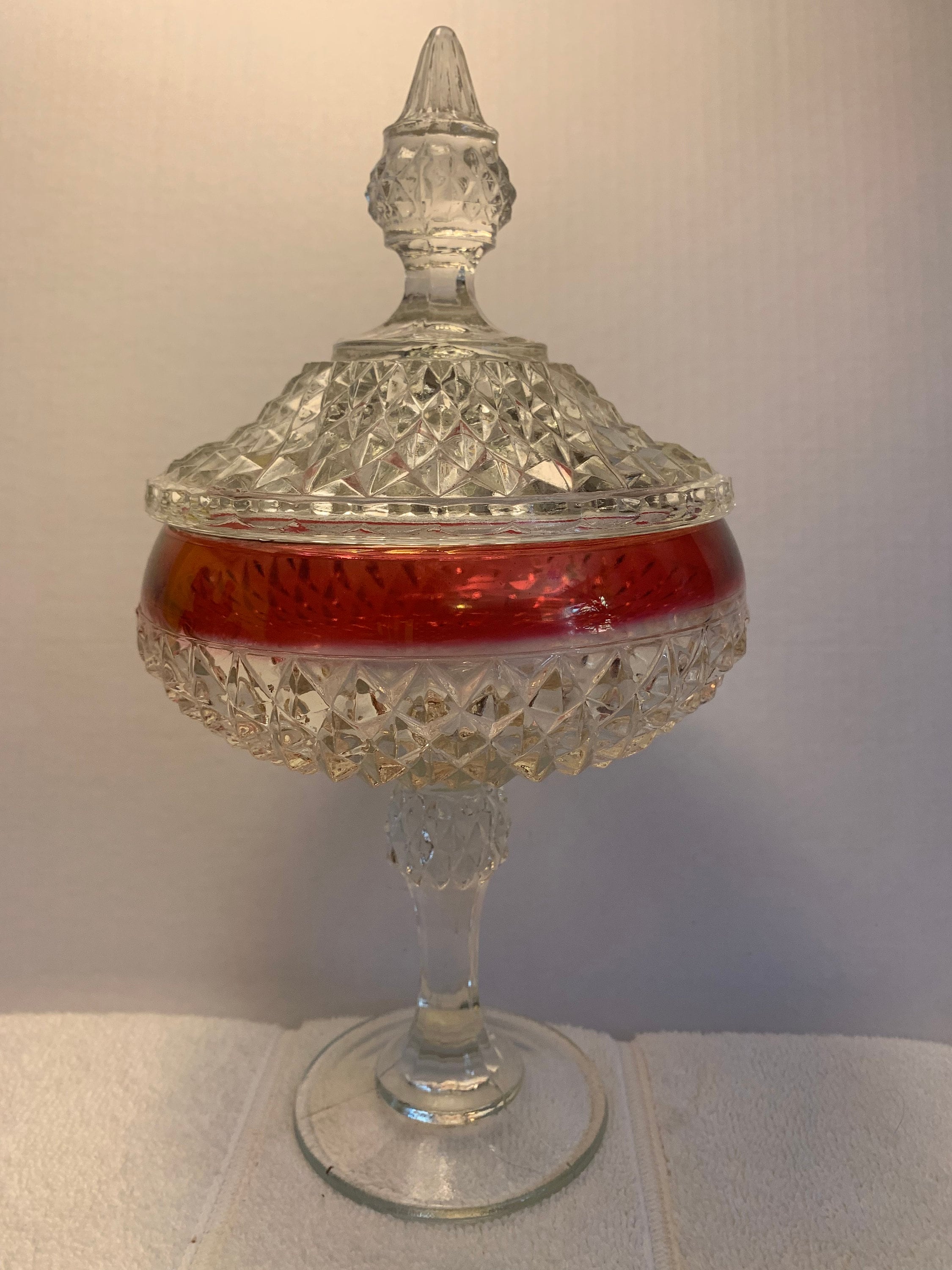 Vintage Indiana Glass Diamond Point Compote W/cranberry Boarder Candy ...