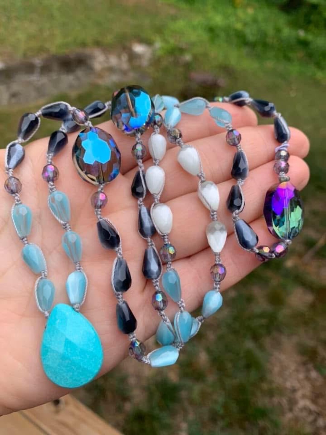 Turquoise Tear Drop, Light Blue, White & Grey Cats Eye Macrame Necklace ...