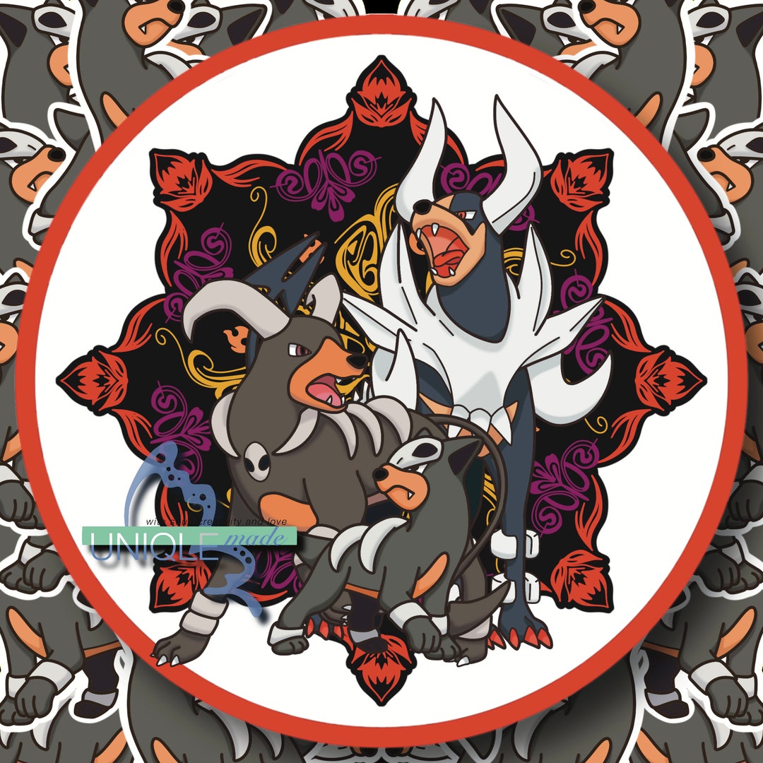 Dark/fire Type Art Nouveau Inspired Houndour, Houndoom and Mega Houndoom Pokemon Circle Sticker ...