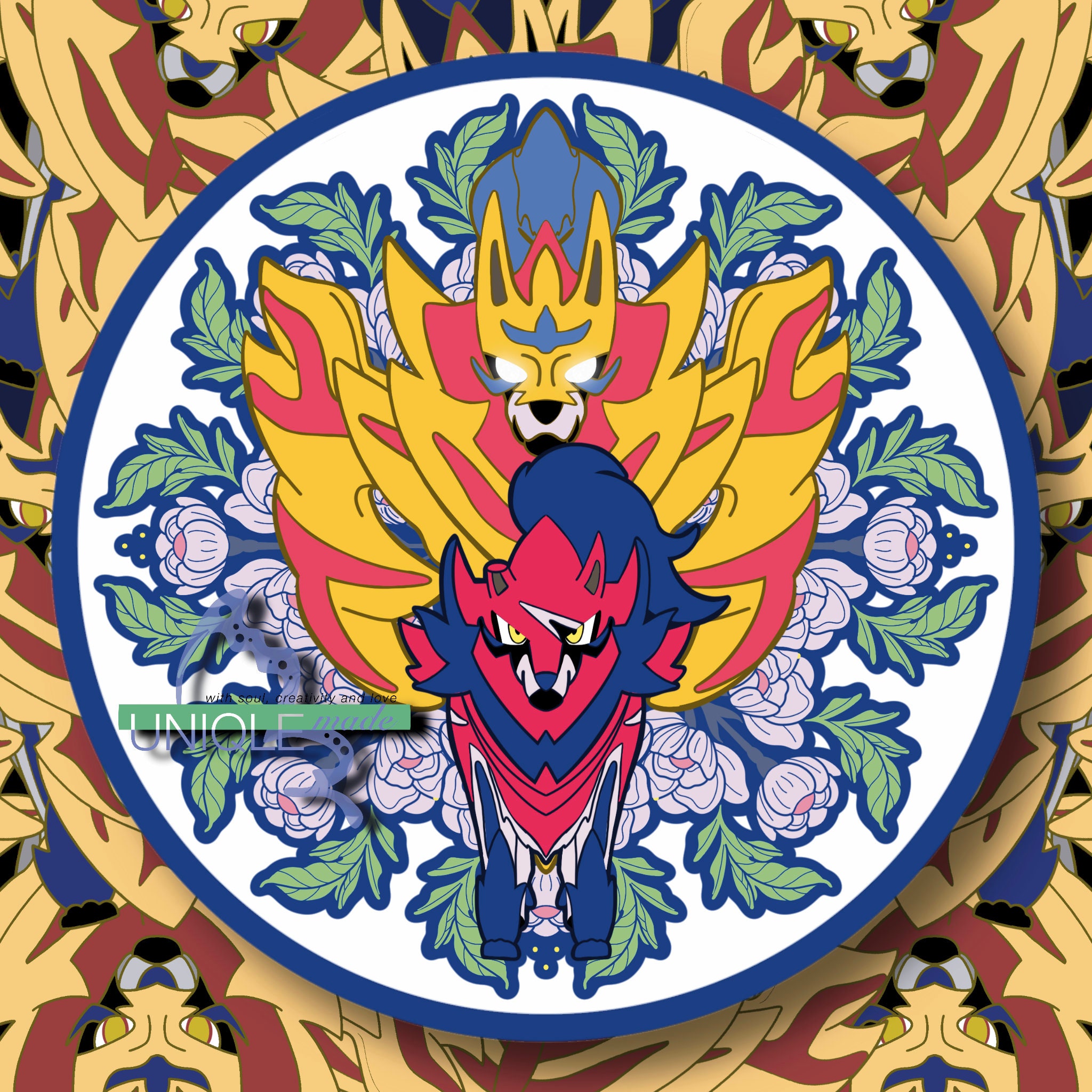 Fighting and Steel Type Art Nouveau Inspired Zamazenta Pokemon Circle ...