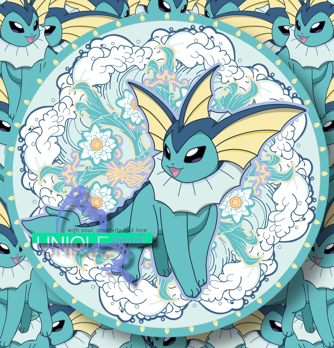 Water Type Art Nouveau Inspired Vaporeon Pokemon Glossy Circle Sticker ...
