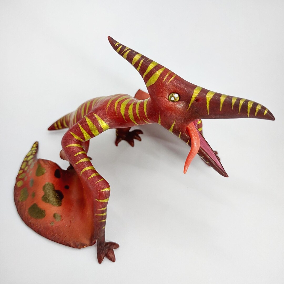 Red and Green Pteranodon Dinosaur Figurine Polymer Clay Sculpture Kids ...