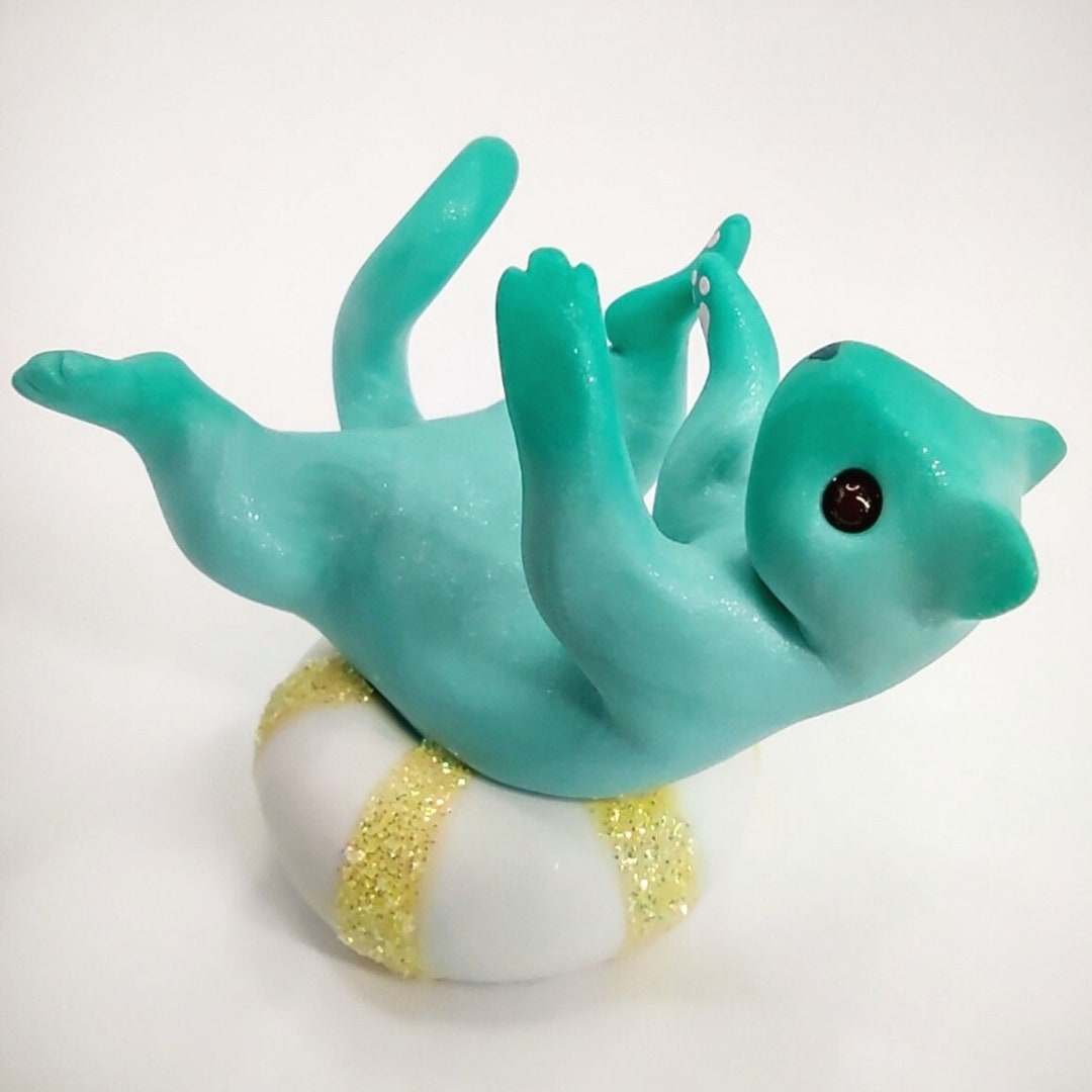 Miniature Blue Pool Floaty Cat Figurine ringo Whimsical Art Tiny Kitten ...