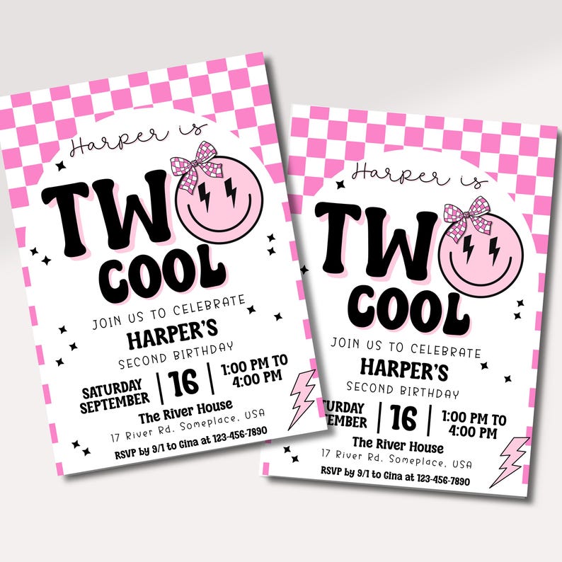 Two Cool Birthday Invitation Girl | Pink Checkered 2nd Birthday Party ...