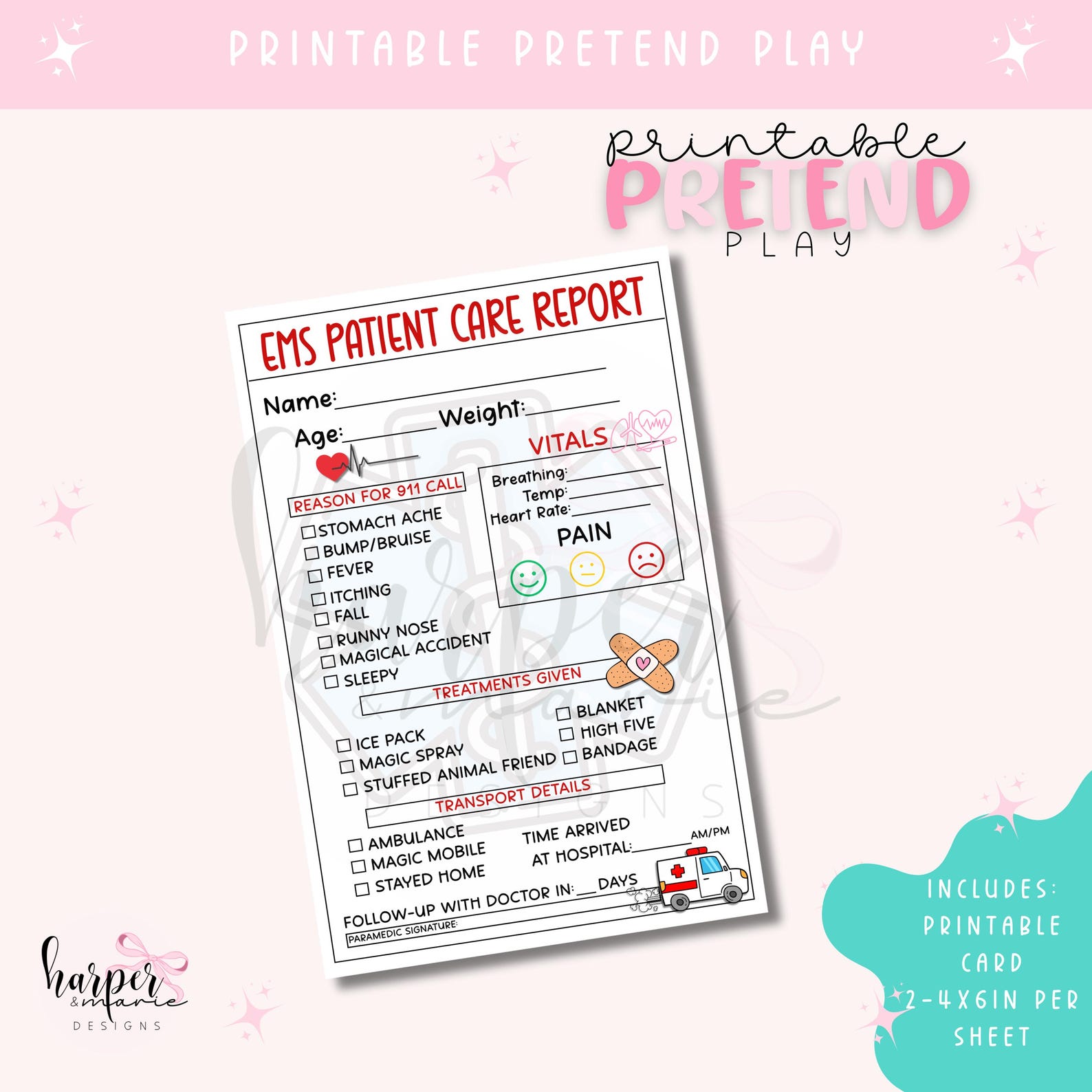 Printable EMS Patient Care Report: Pretend Play Paramedic Form (digital ...