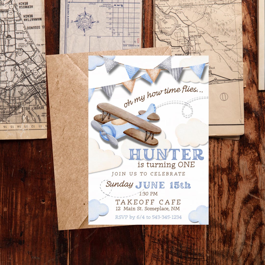 Vintage Airplane 1st Birthday Invitation: Time Flies Theme (digital ...