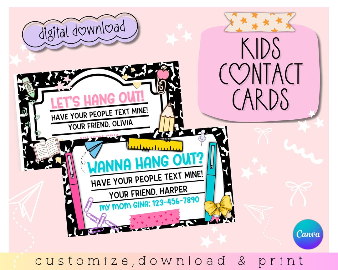 Customizable Kids Contact Cards: School Playdate or Hang Out Canva ...
