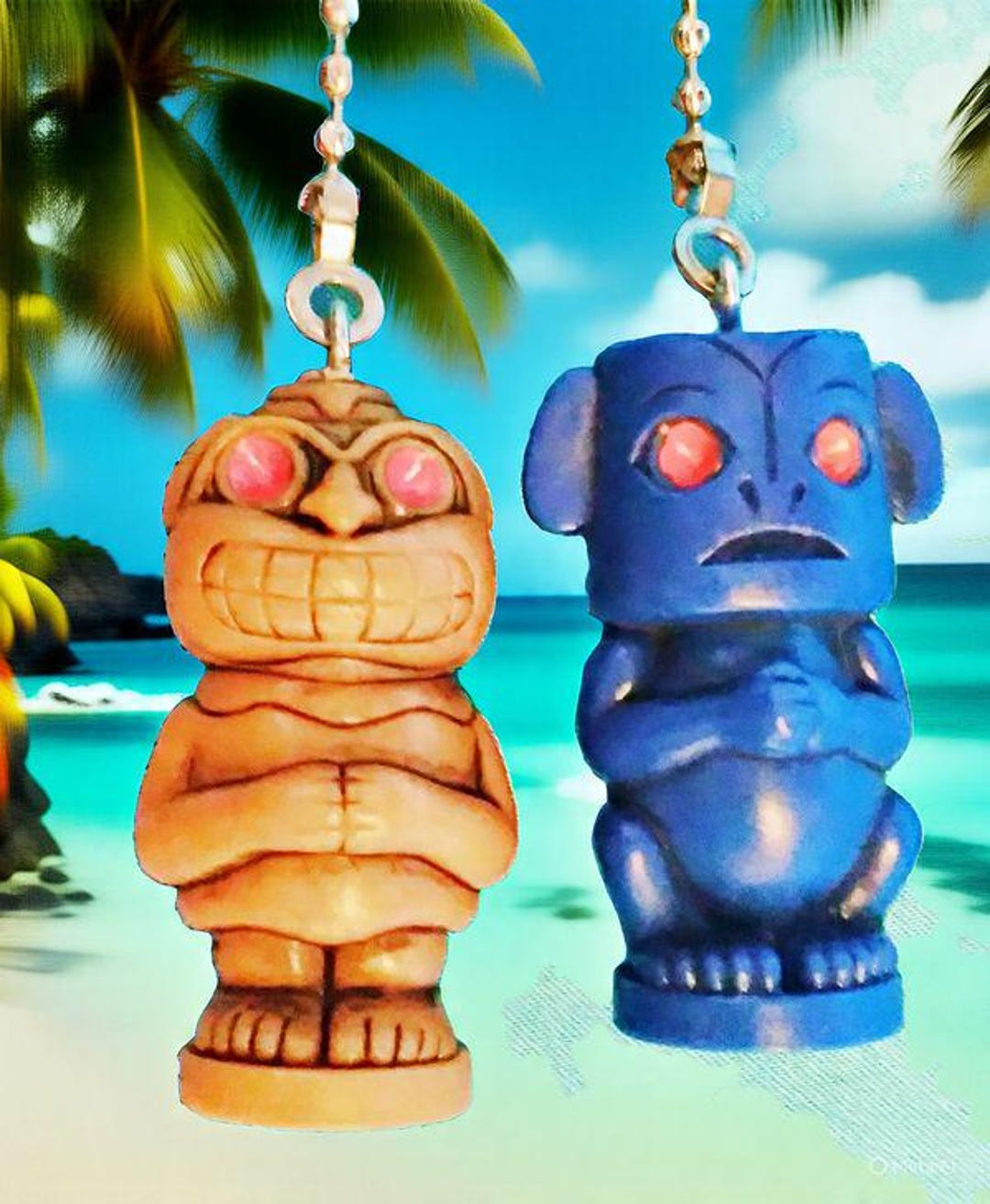 Set of Two ~ Tiki Pole Statue Tan Blue Hawaii Tropical S-1 ~ Ceiling ...