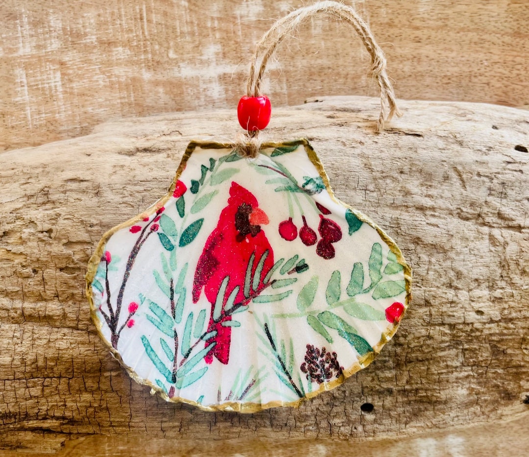 Cardinal Shell Ornament, Cardinal Scallop Shell Christmas Ornament ...