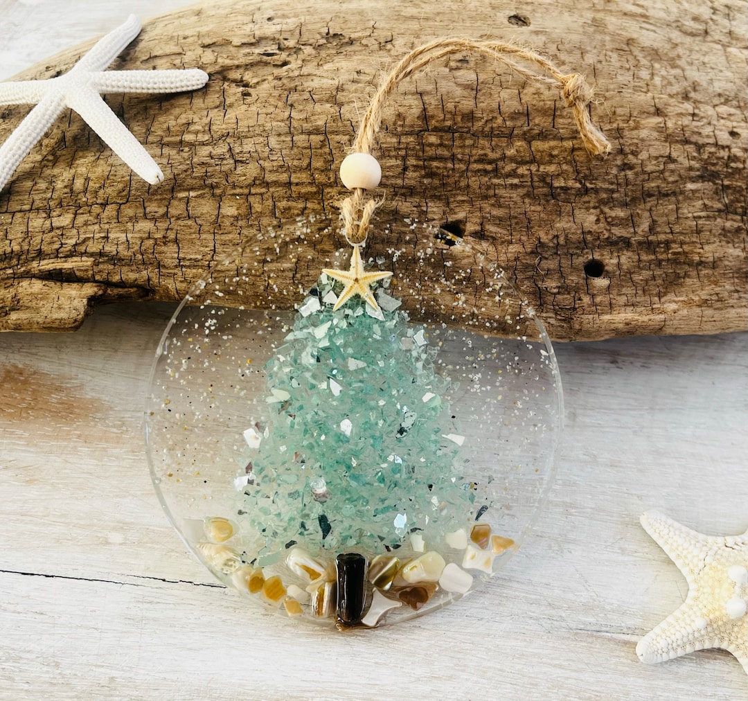 Coastal Christmas Tree Ornament, Aqua Crushed Glass, Shells, Starfish ...