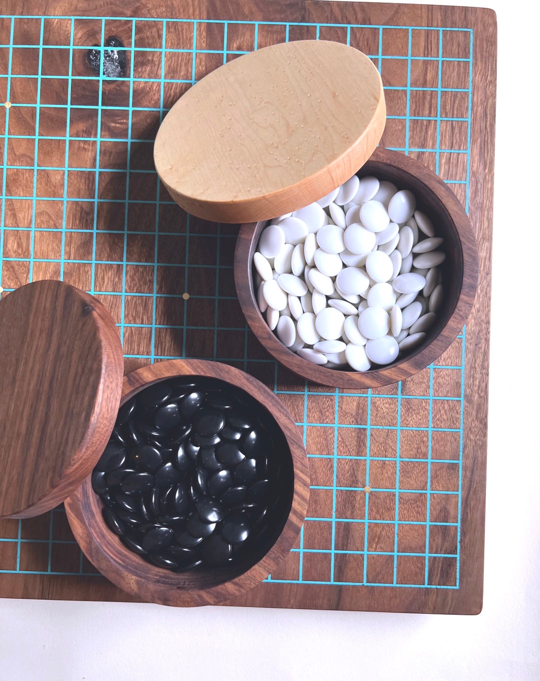 Custom Walnut Wood Go Board goban With Crushed Turquoise and Brass ...