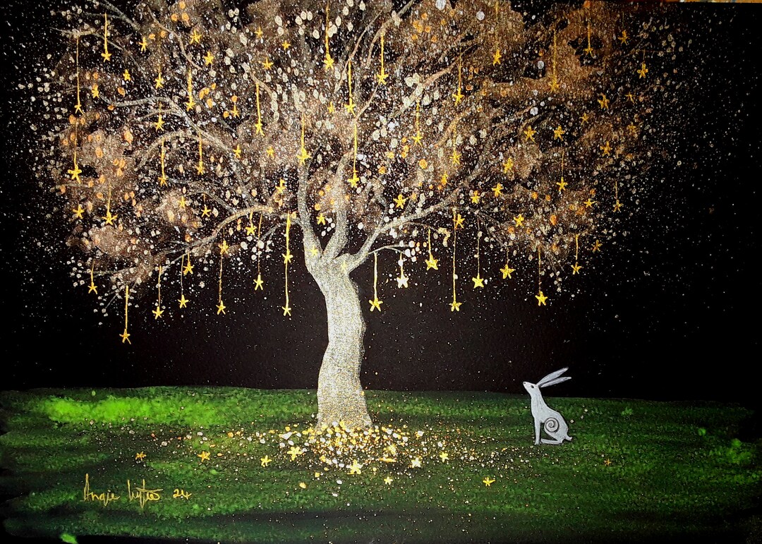 Golden Star Tree, Mystical Print, White Hare, Sparkling Tree, Tree With ...