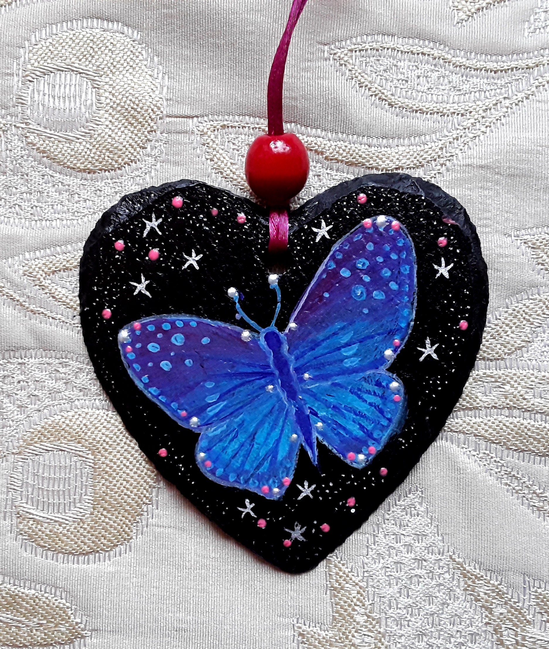 Blue Butterfly - Hand painting hanging slate heart