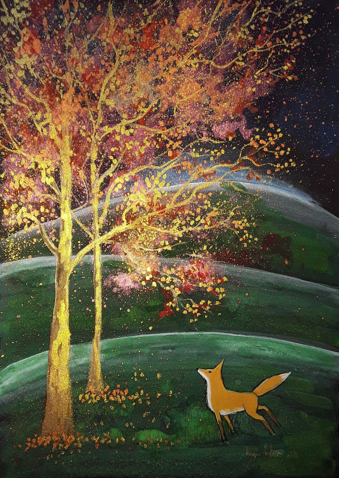 Fox Art Autumn Tree Fall Tree Fox and Tree Shimmering Tree Original ...