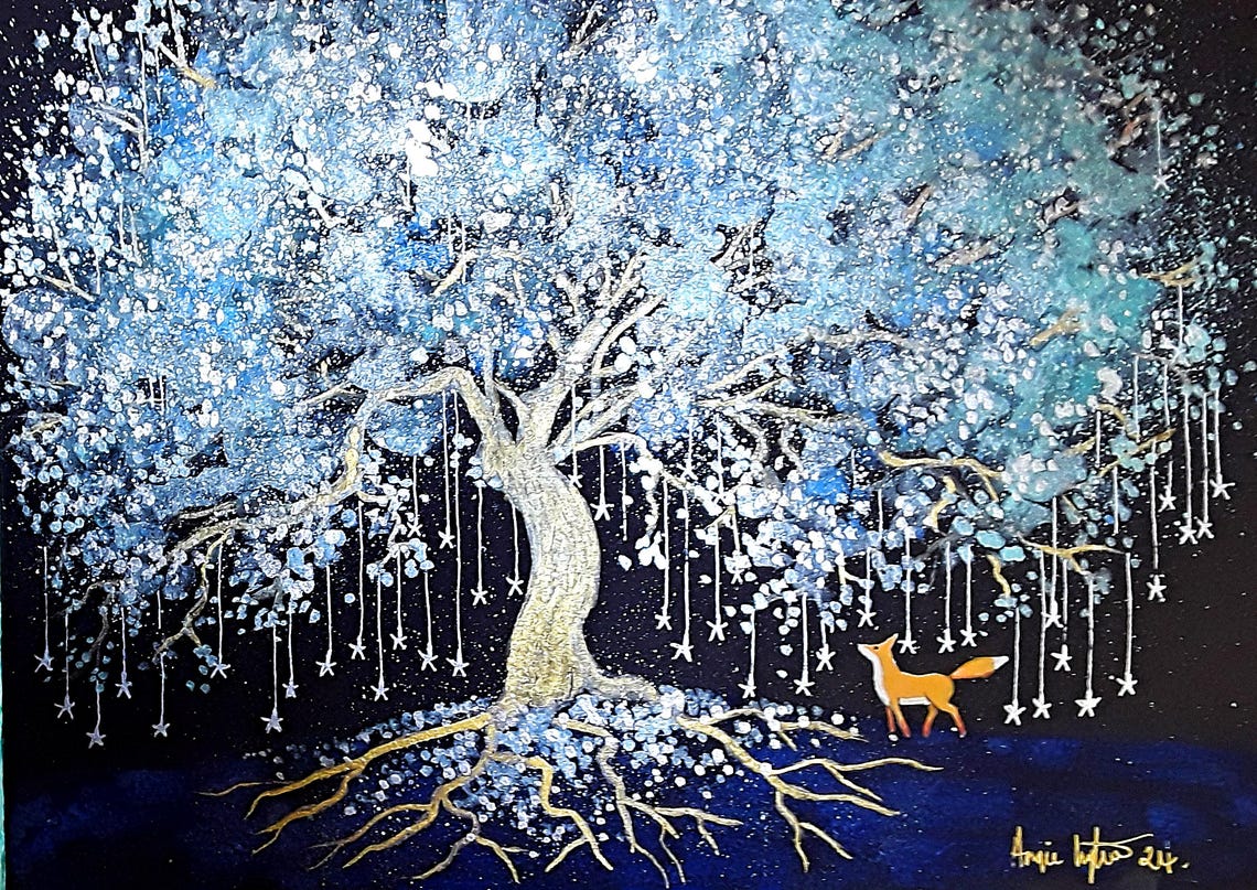 Frost Tree, Mystical Tree Print, Winter Fox, Blue Tree, Sparkling Tree ...