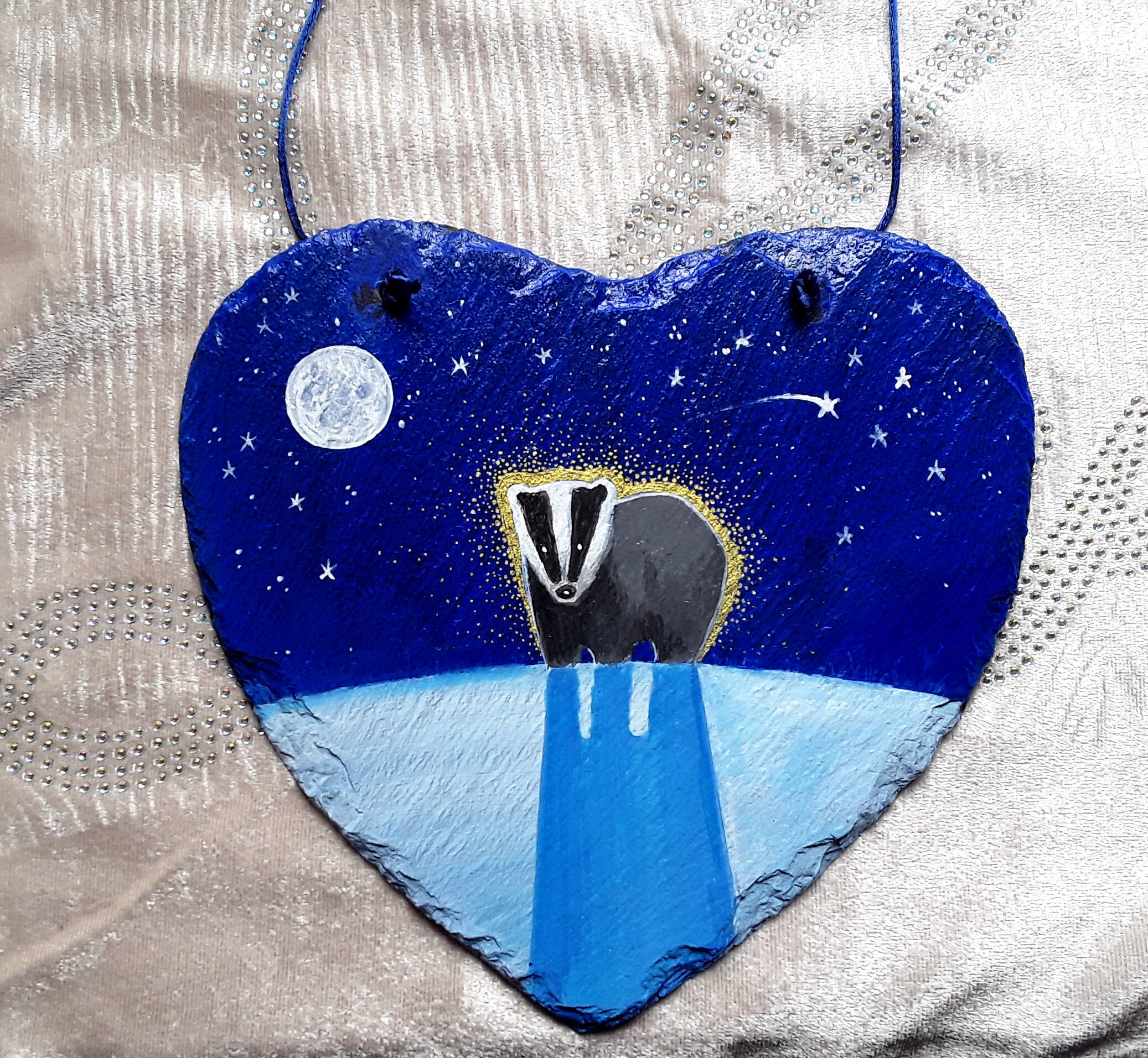 Badger Spirit Hand Painted Slate Heart