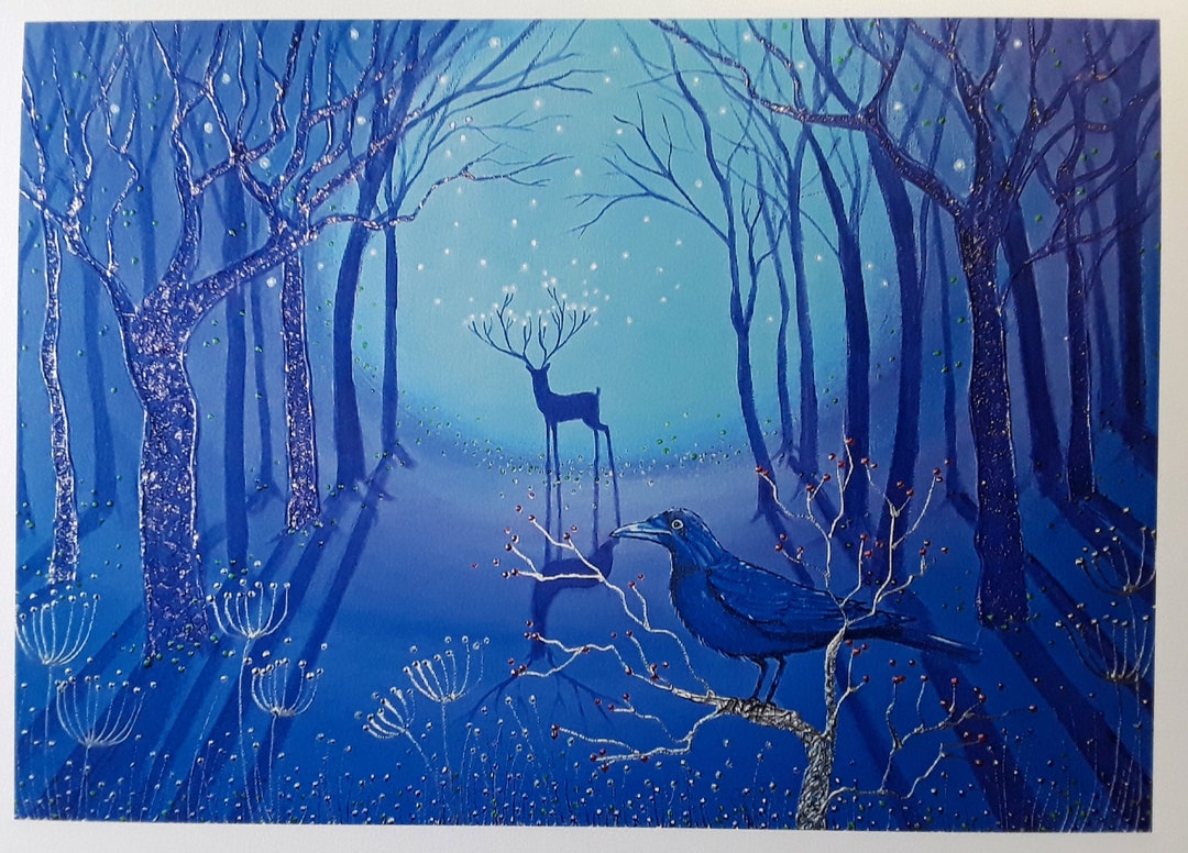 Mystical Forest Night Forest Stag Art Raven Art Mystical Art - Etsy