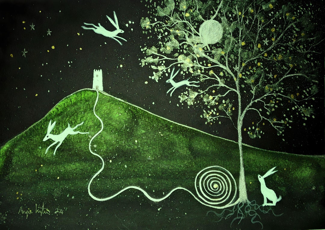 Avalon, Glastonbury Tor, Mystical Print, White Hare, Pagan, Druid, Ley ...