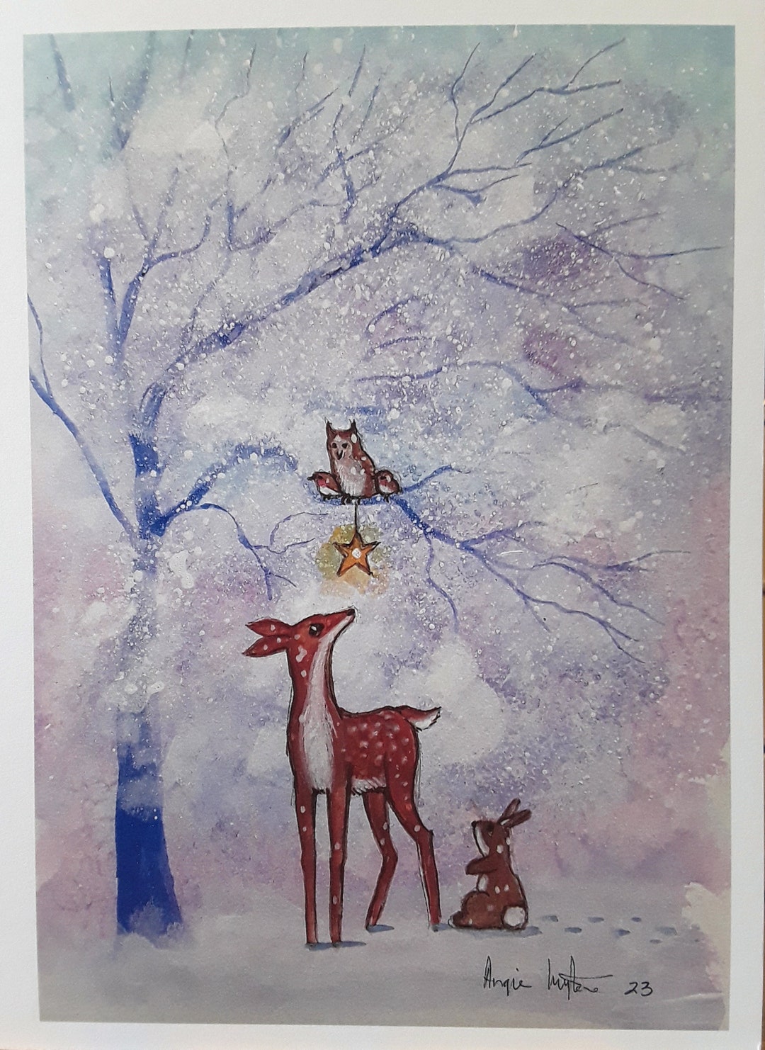 Fawn and Rabbit - Winter Art - Owl, Fawn and Rabbit - Dreamy Art ...
