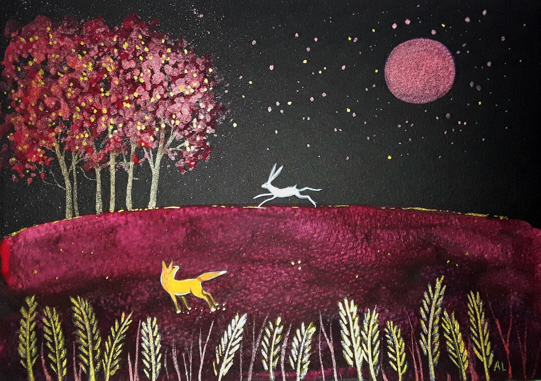 Blood Moon, Mystical Night, White Hare, Mystical Hare, Pagan, Fox Art ...