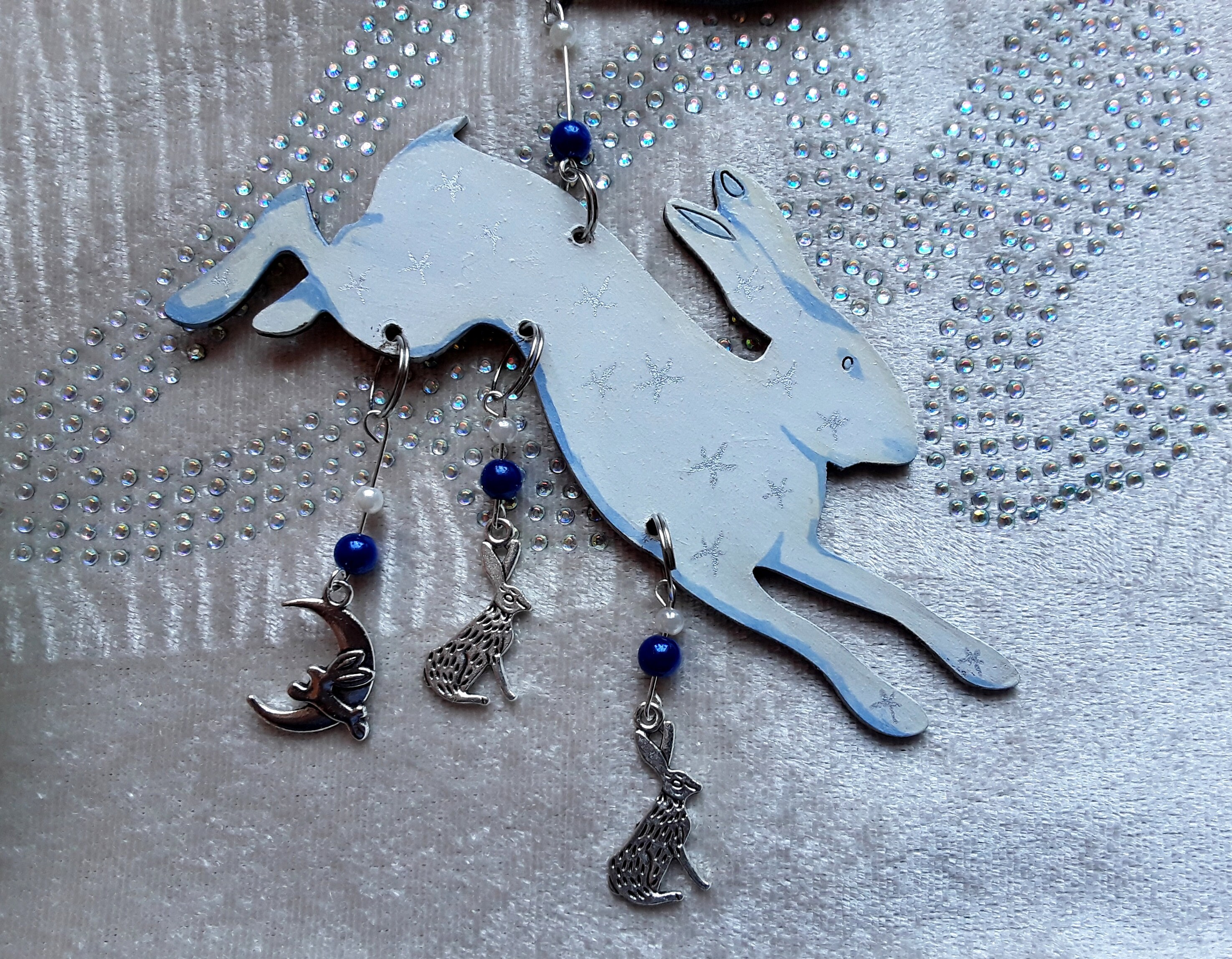 Hand painted hanging wooden hare and moon decoration