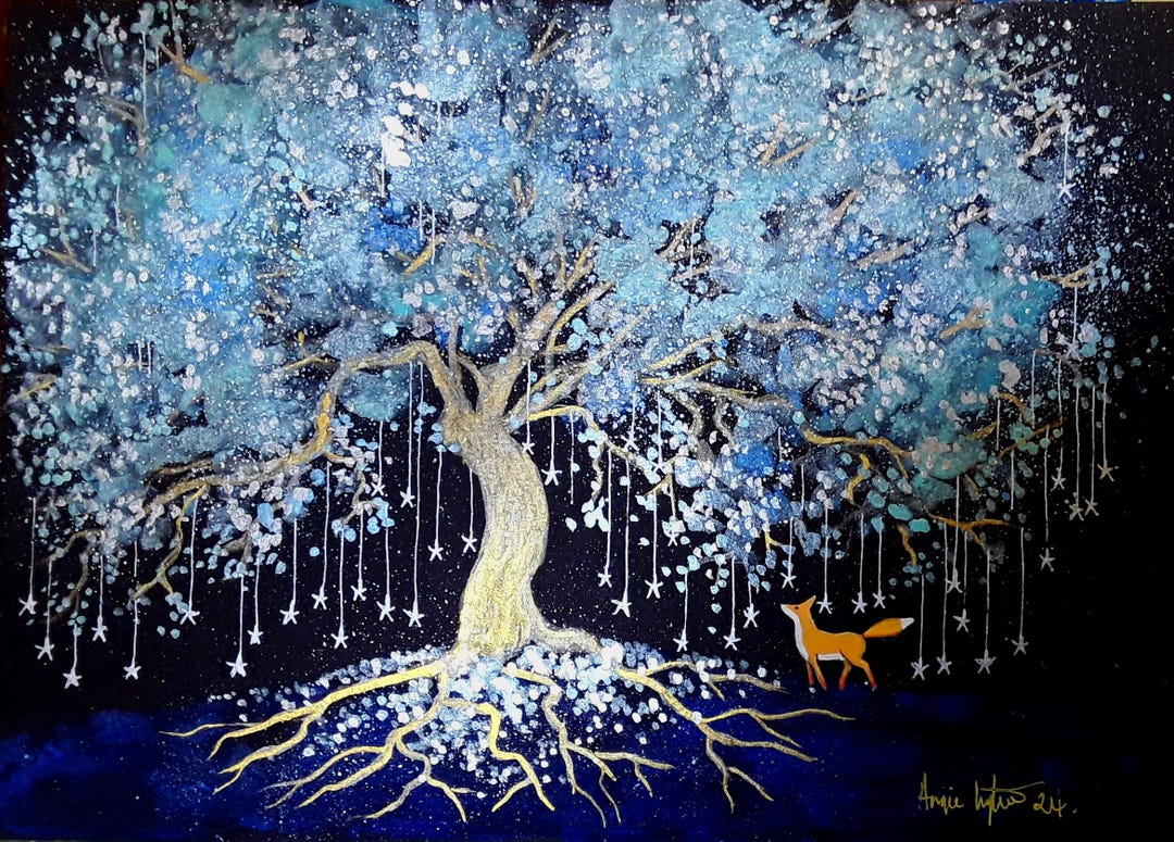 Tree of Light, Blue Tree, Mystical Print, Fox Art, Tree of Life ...