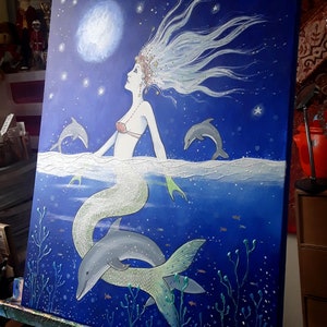 Mermaid Sea Goddess Mermaid and Dolphin Mermaid and Moon Original ...