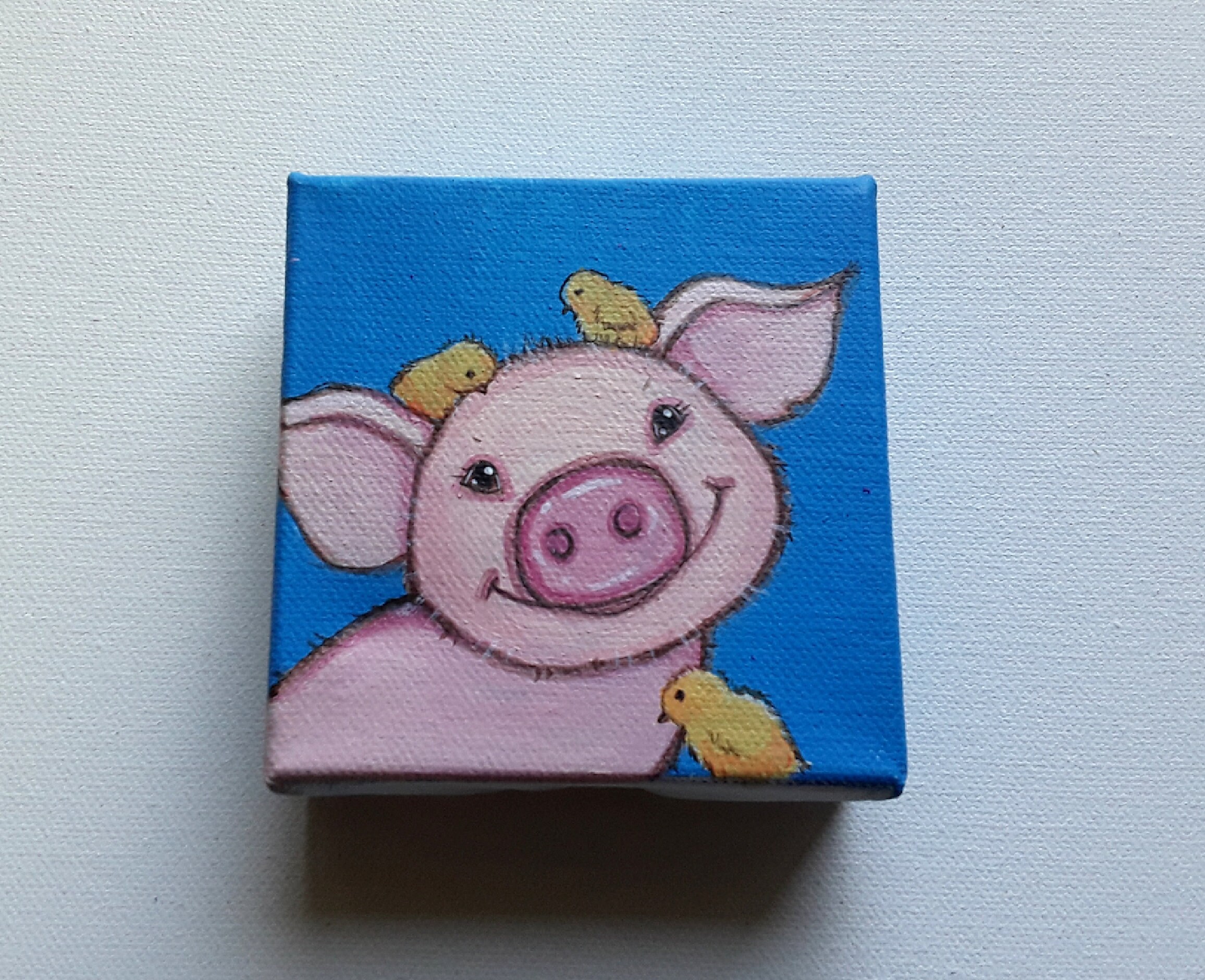 Piglet and chicks - original painting on canvas - vegan Art - Piglet