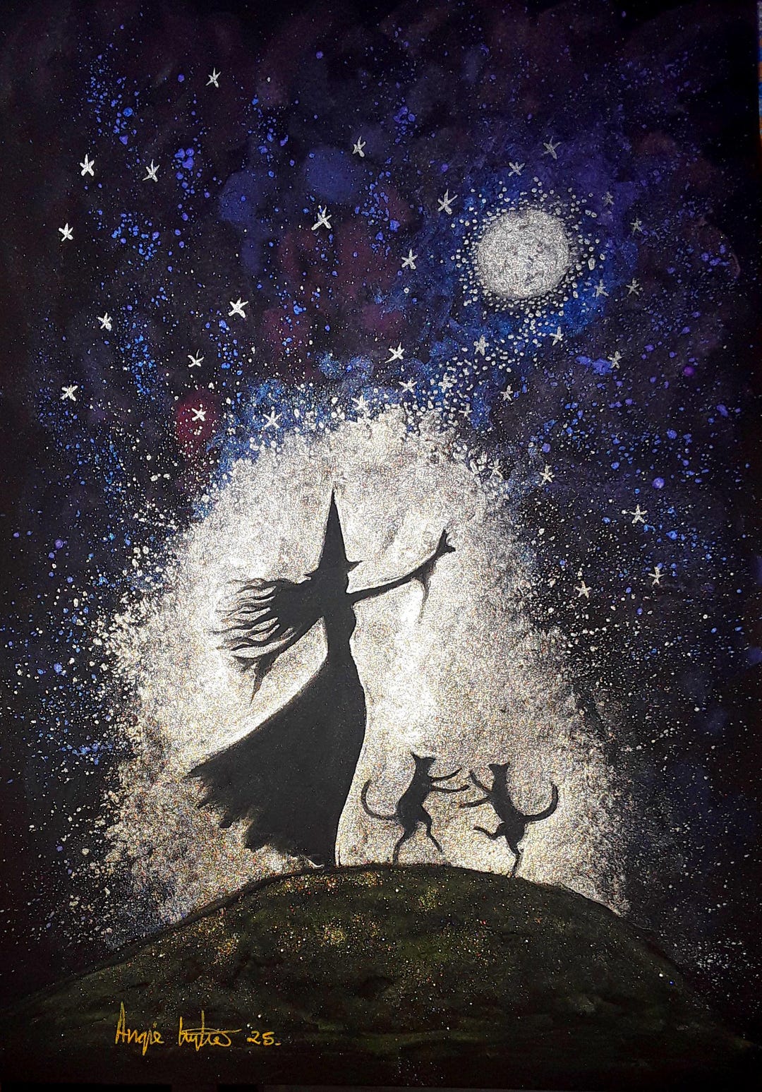 Witch Print, Dancing Witch, Dancing Cats, Shimmering Print, Mystical ...